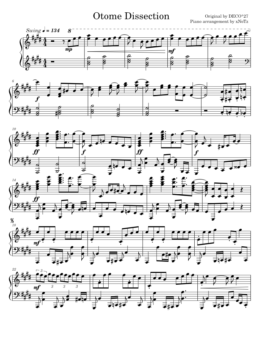 Otome Dissection - DECO*27 Sheet Music for Piano (Solo) easy ...