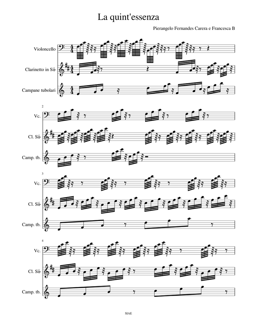 La quint essenza Sheet music for Clarinet in b-flat, Cello, Tubular ...
