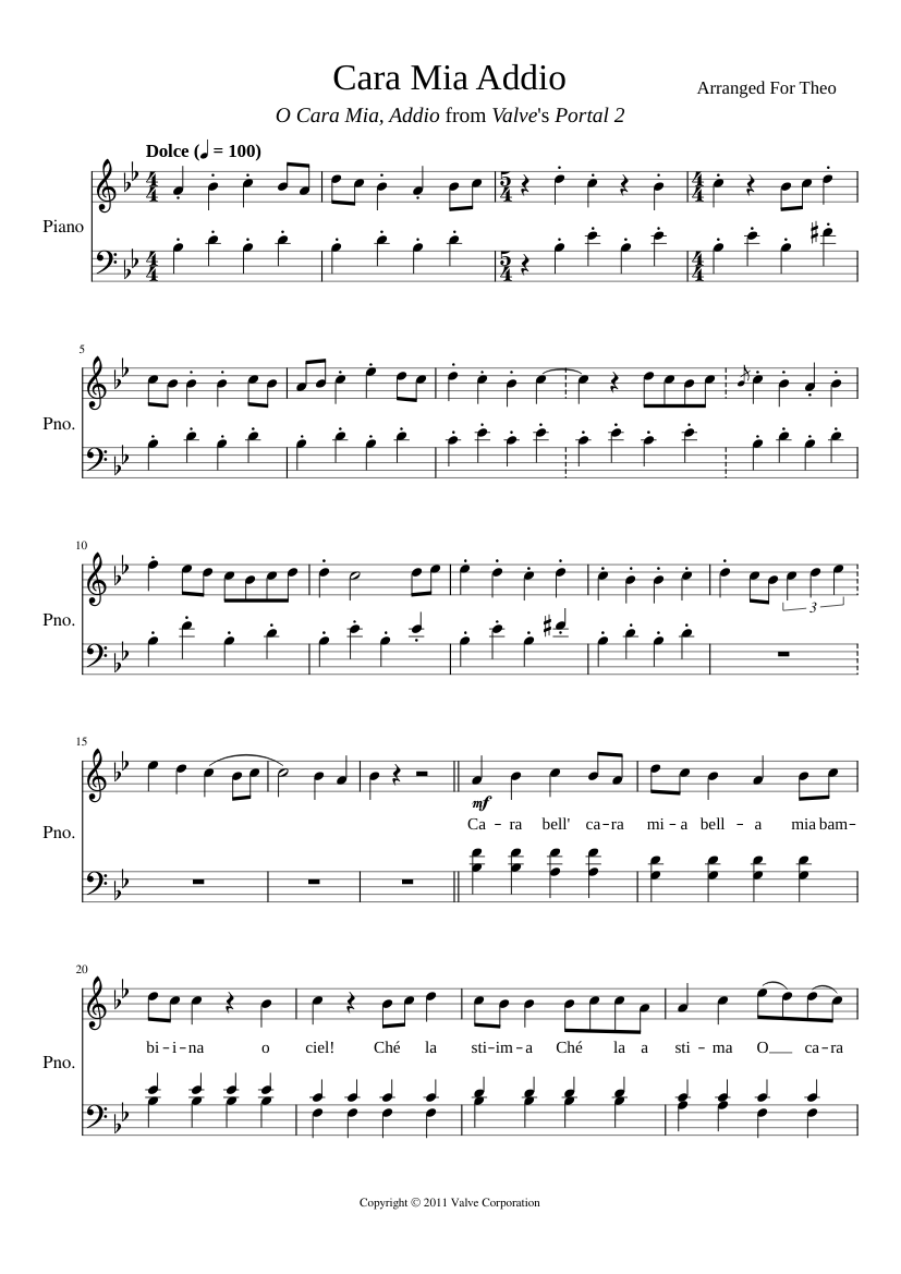 Cara mi addio Cara Mia Addio - adjusted Sheet music for Piano (Solo) | Musescore.com