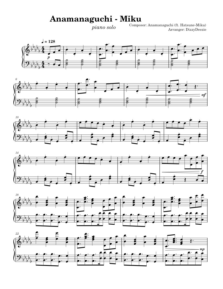 Miku Feat. Hatsune Miku – Anamanaguchi Piano Solo Sheet Music for Piano ...