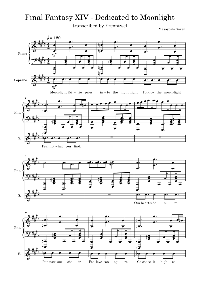 Final Fantasy XIV - Dedicated to Moonlight Sheet Music for Piano ...
