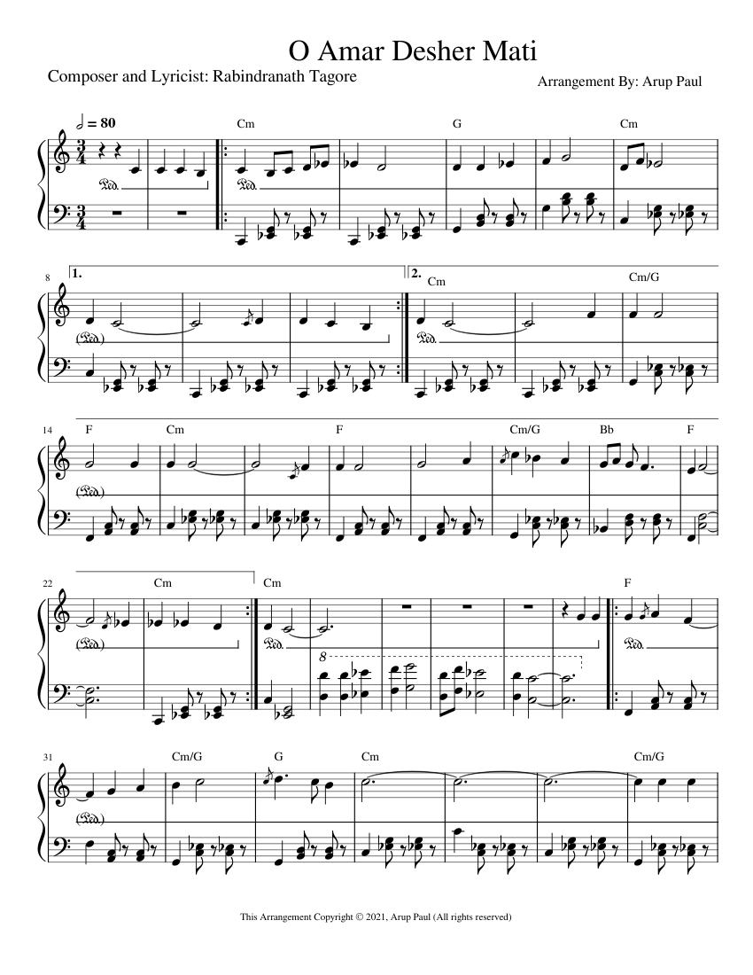 O Amar Desher Mati Rabindra Sangeet Piano Solo Version Arrangement by ...