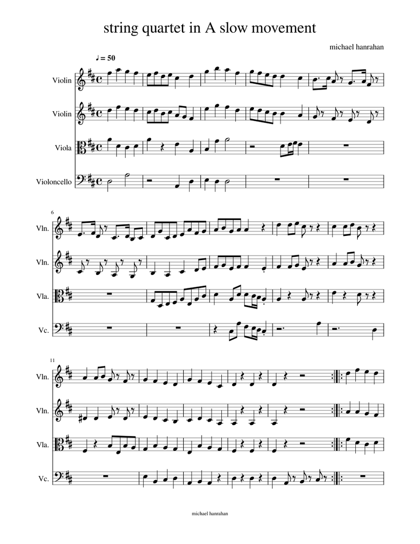 string quartet in A slow movement Sheet music for Violin, Viola, Cello ...