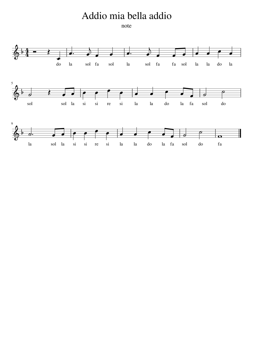 Addio mia bella addio - note Sheet Music for Piano (Solo) Easy | MuseScore.com