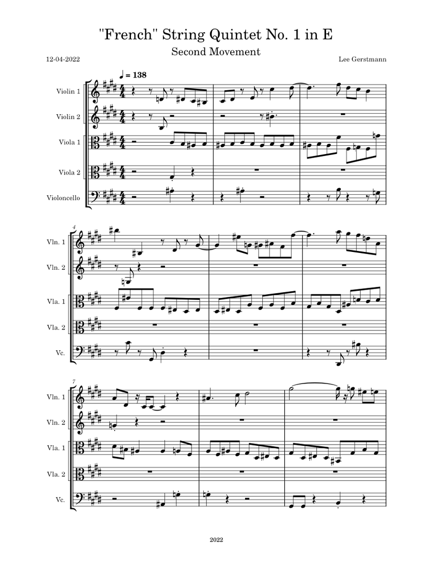French String Quintet No. 1 in E - Second Movement Sheet music for Violin, Viola, Cello (String ...