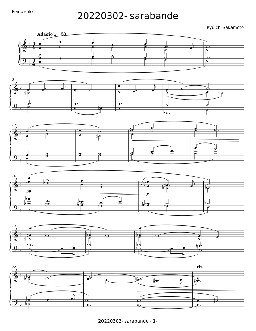 Sarabande - Ryuichi Sakamoto Sheet music for Piano (Solo) Easy ...
