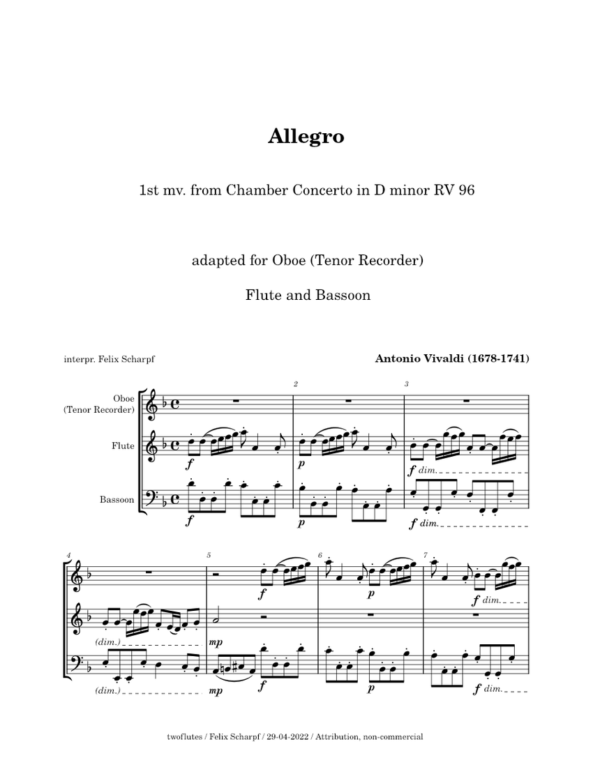 Allegro - Antonio Vivaldi (RV 96, 1st mv.) arr. for Oboe, Flute ...