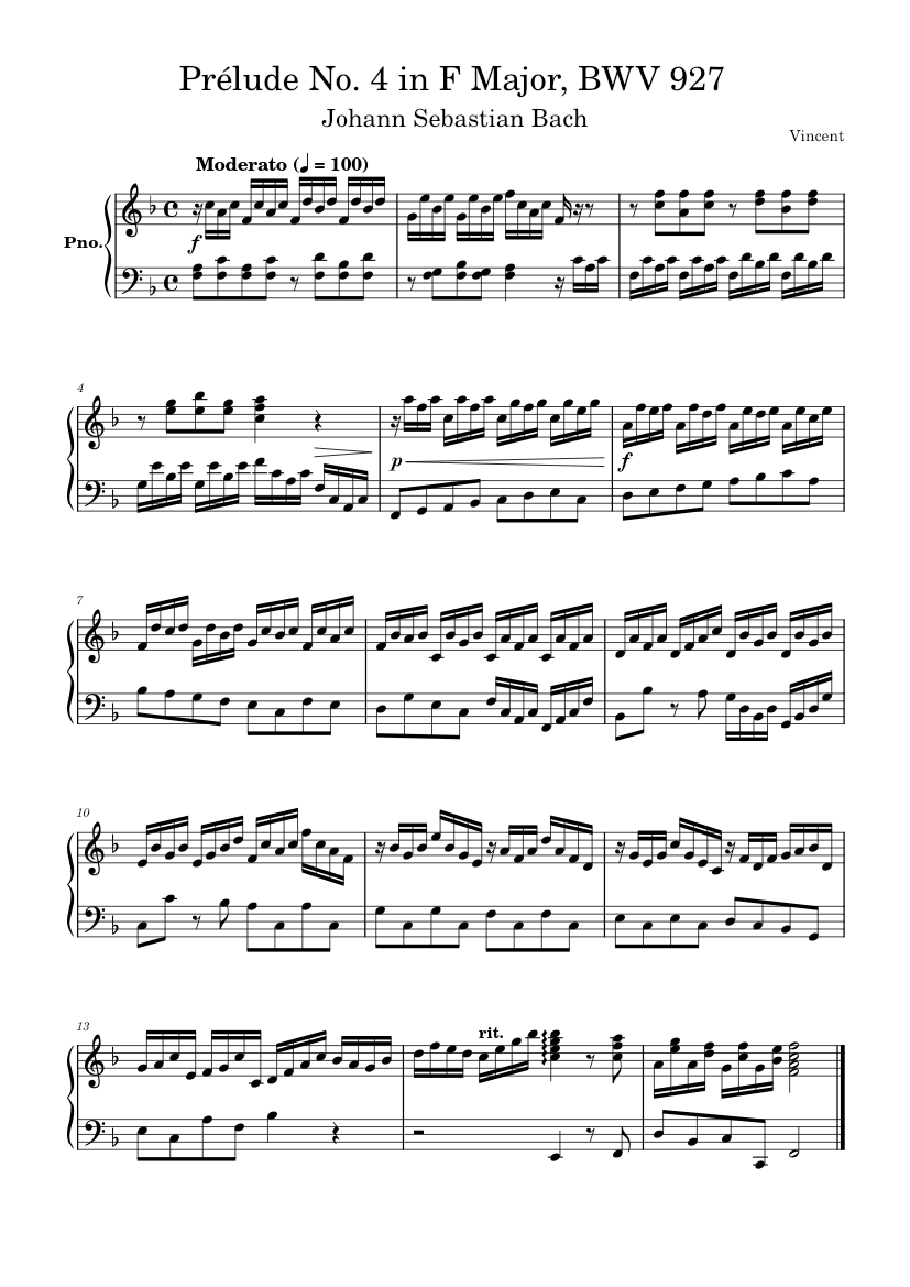 Bach - Prélude No. 4 in F Major, BWV 927 Sheet music for Piano (Solo ...