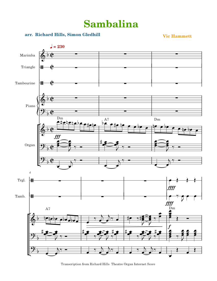 Sambalina – Vic Hammett Sheet Music for Piano, Organ, Drum group ...