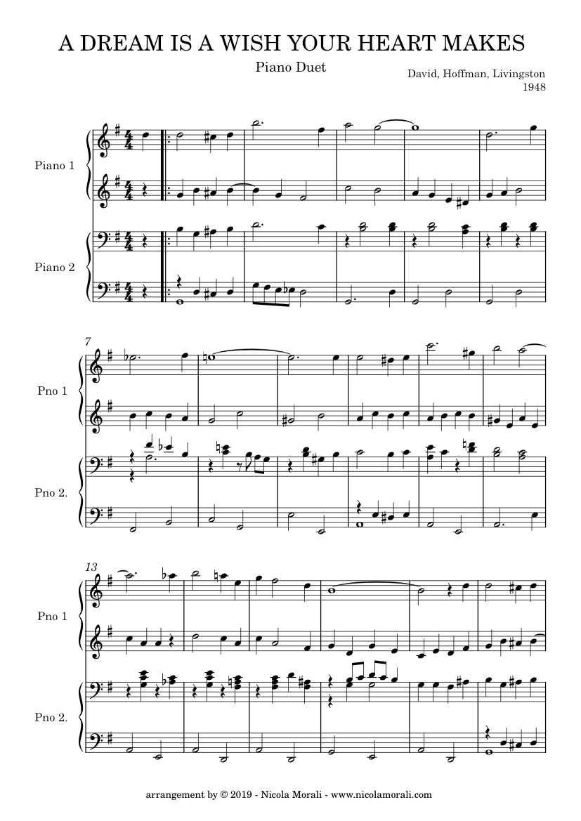 A Dream is a Wish Your Heart Makes - piano duet Sheet Music for Piano ...