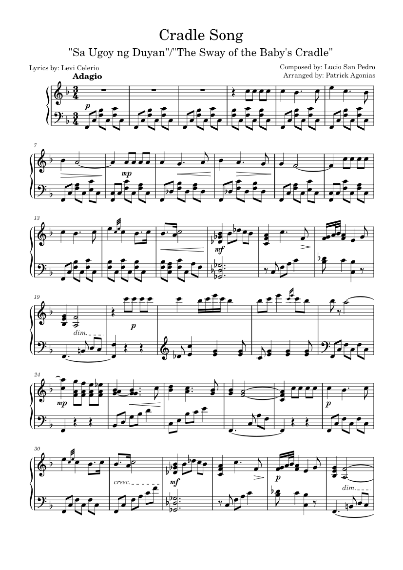 Sa Ugoy ng Duyan – Lucio Diestro San Pedro, Sr. Sheet Music for Piano ...