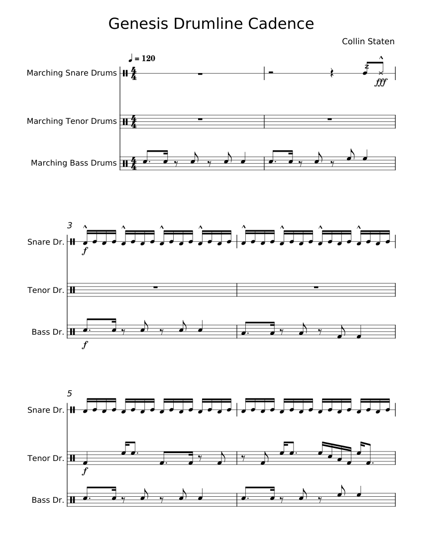 Genesis Drumline Cadence Sheet Music for Snare drum, Tenor drum, Bass ...