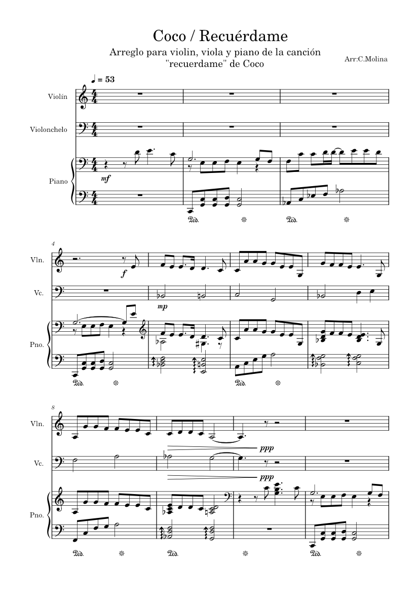 Recuerdame - COCO – 00000 Sheet music for Piano, Violin, Cello (Mixed ...
