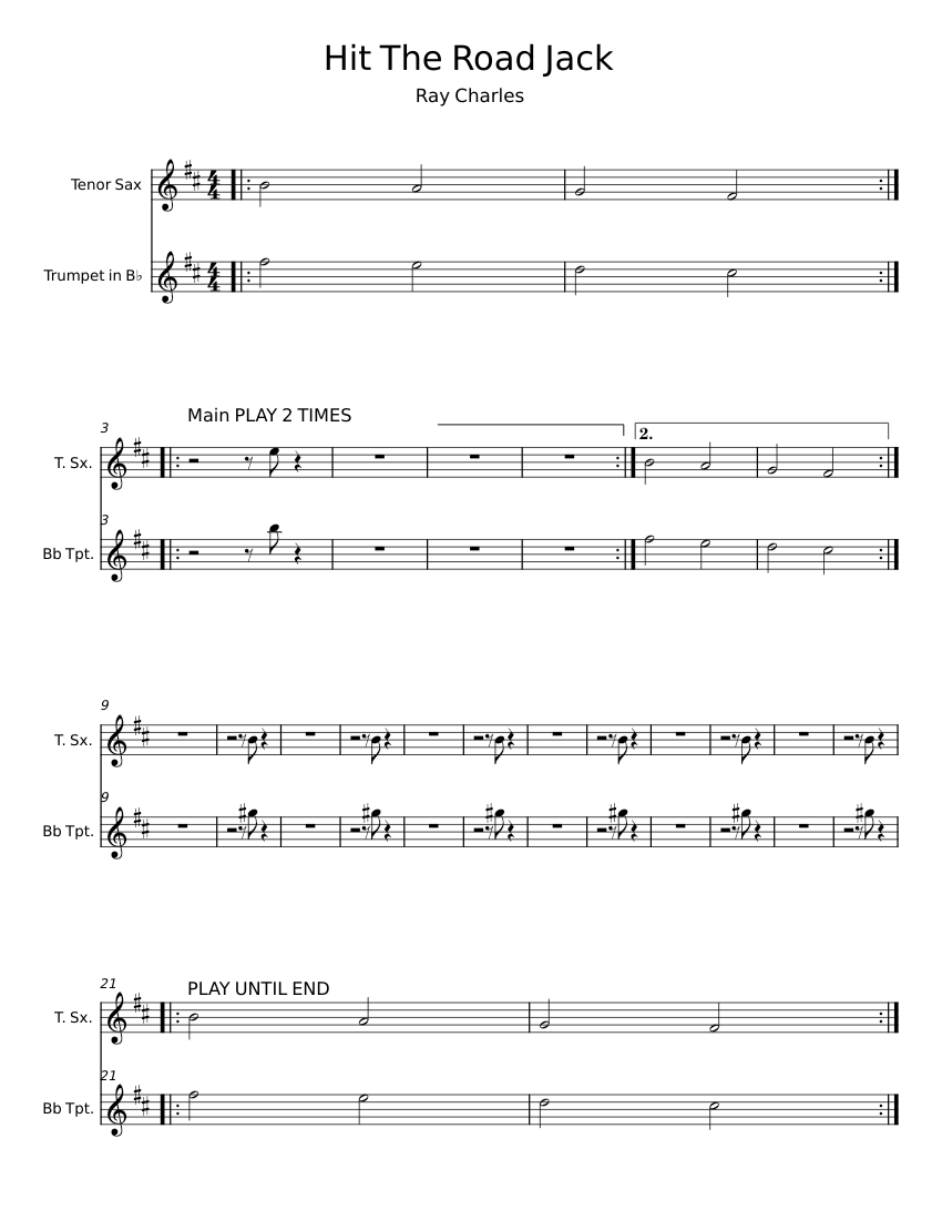 Hit the road jack - Ray Charles Sheet Music for Saxophone tenor ...
