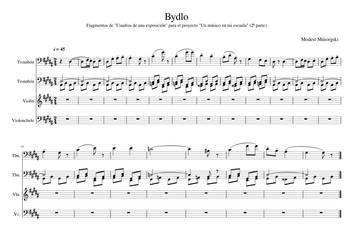 Bydlo Sheet Music for Trombone, Violin, Cello (Mixed Quartet ...