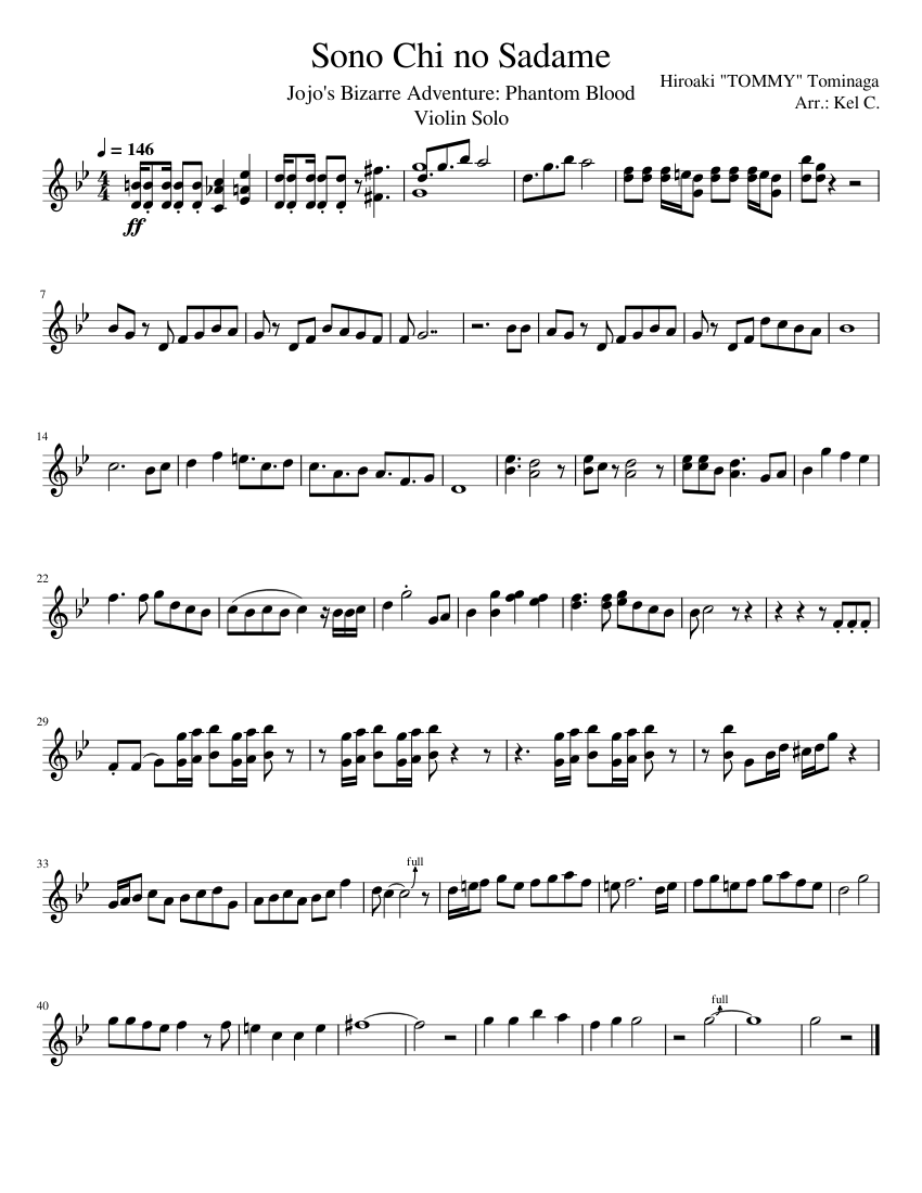 Sono Chi no Sadame - Jojo's Bizarre Adventure: Phantom Blood Sheet ...