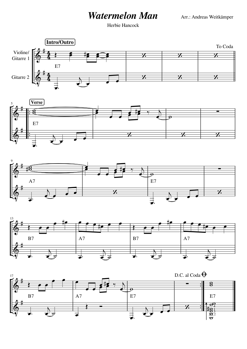 Watermelon Man Sheet music for Violin, Guitar (Mixed Duet) | Musescore.com