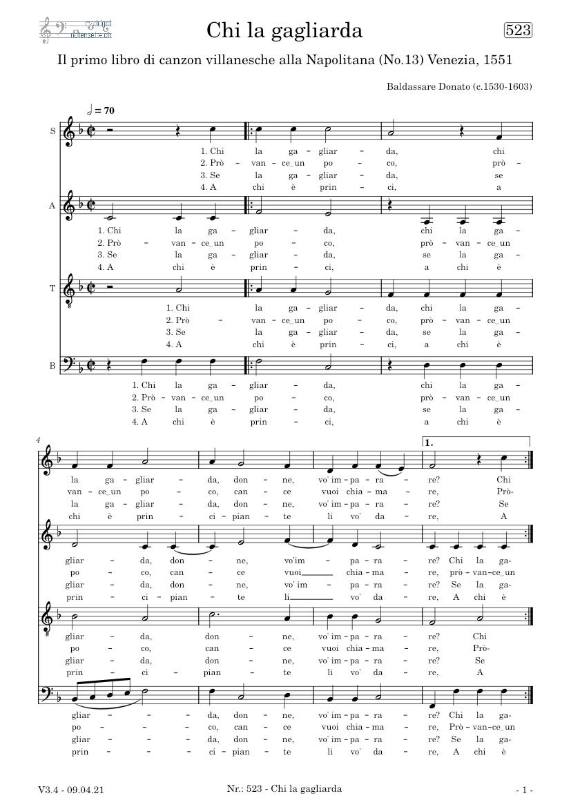 Chi la gagliarda (Baldassare Donato) Sheet music for Soprano, Alto ...