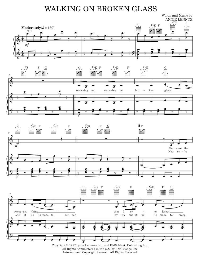 walking on broken glass Sheet music for Piano, Vocals by Annie Lennox ...