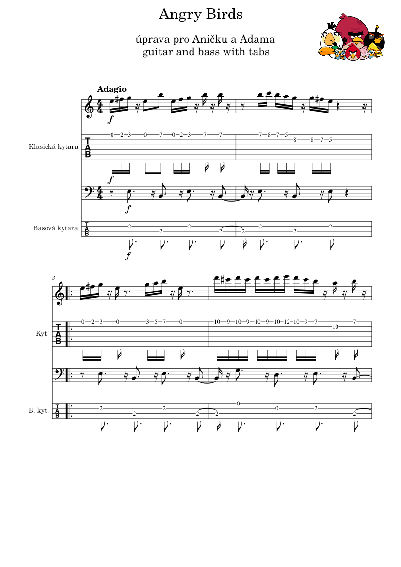 Angry birds theme - guitar and bass with tabs Sheet Music for Guitar ...