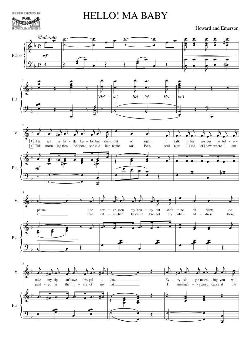 Hello ! Ma Baby - Joseph Howard and Ida Emerson Sheet Music for Piano ...