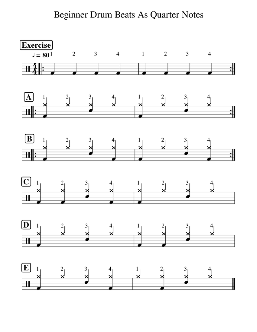 Beginner Drum Beats As Quarter Notes - piano tutorial