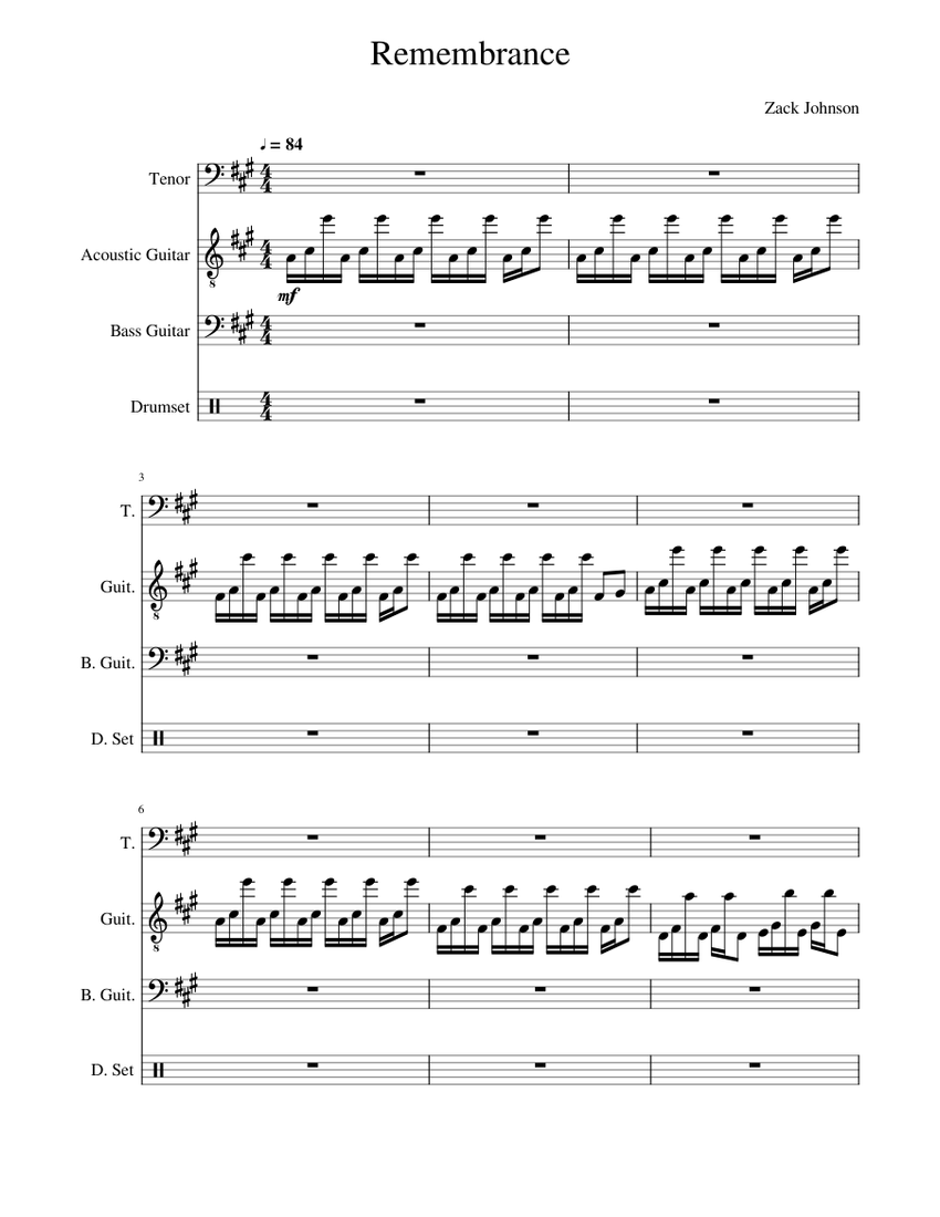 Remembrance Sheet music for Tenor, Guitar, Bass guitar, Drum group ...