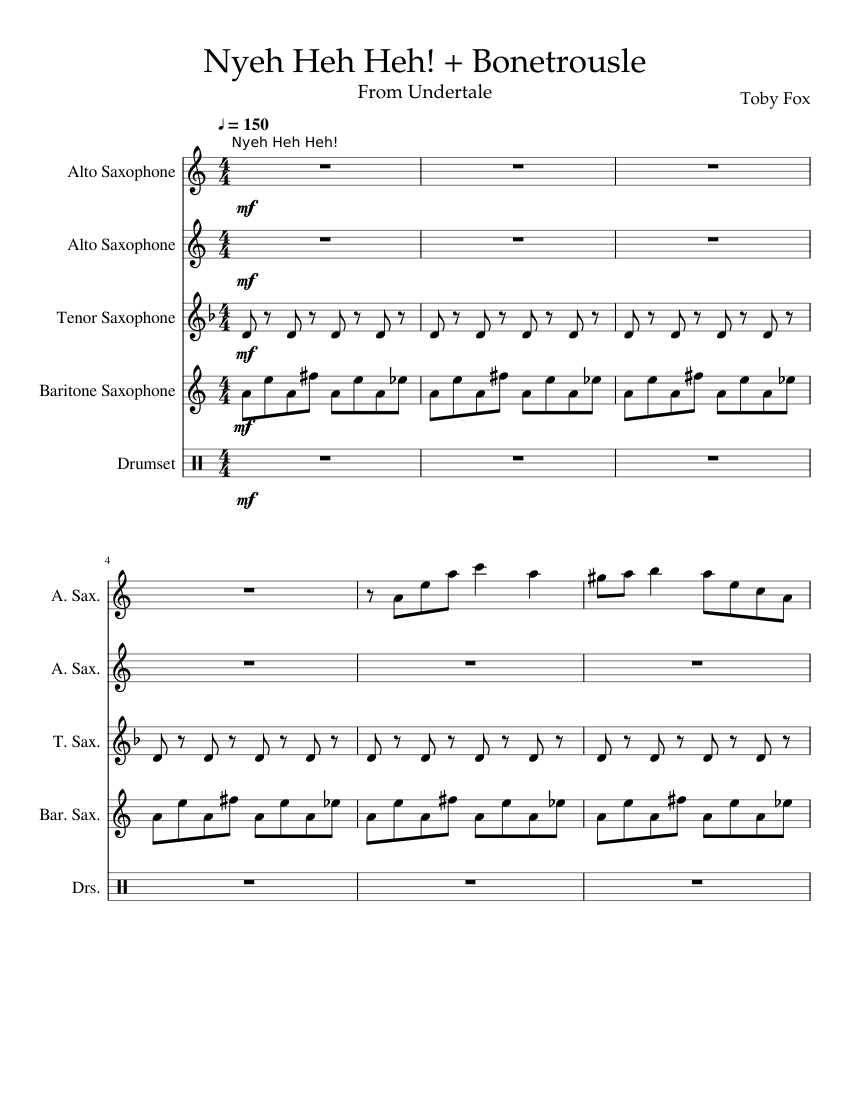 Nyeh Heh Heh! + Bonetrousle Sheet music for Saxophone alto, Saxophone tenor, Saxophone baritone ...