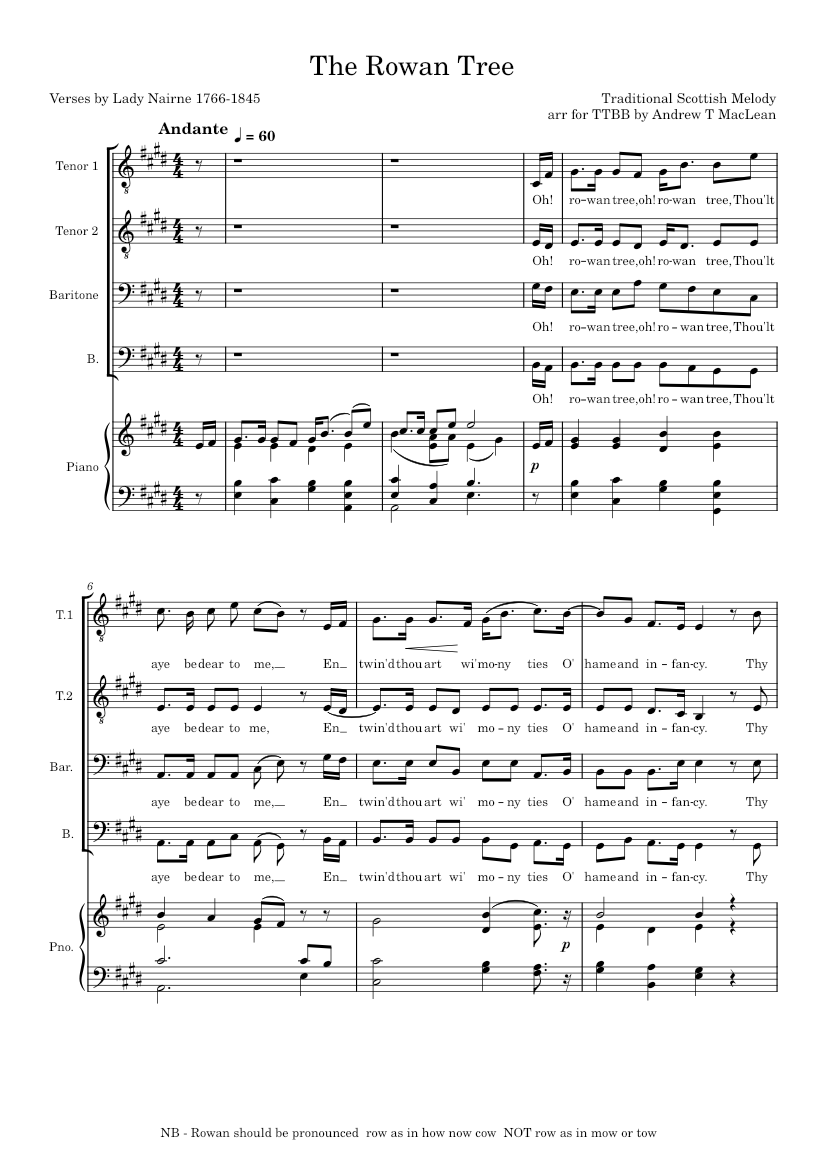 The Rowan Tree (TTBB) Sheet music for Piano, Bass guitar, Synthesizer ...