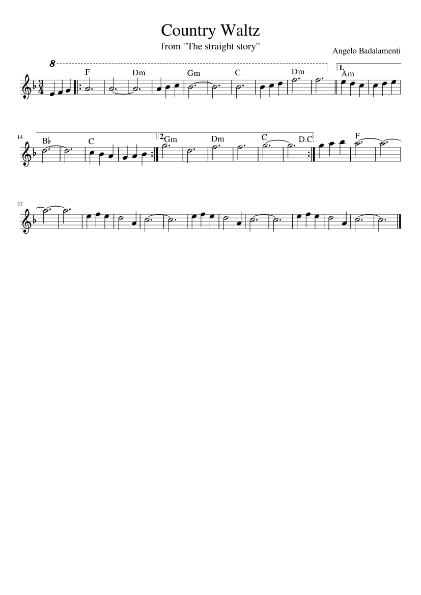 Country Waltz – Angelo Badalamenti Sheet music for Piano (Solo) Easy ...