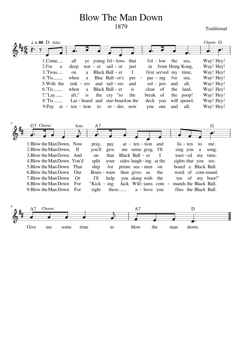 Blow The Man Down Sheet Music with Chords for Violin (Solo) | MuseScore.com