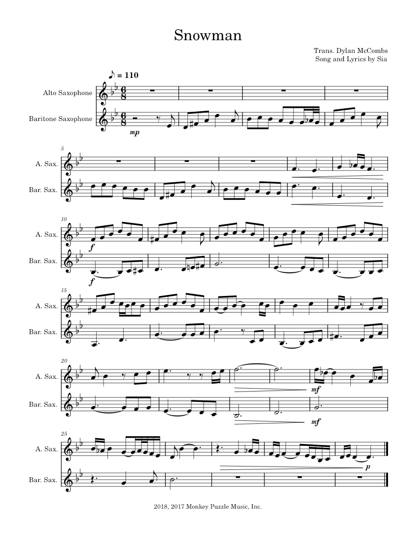 Snowman - Alto and Bari Sax Duet Sheet Music for Saxophone alto ...