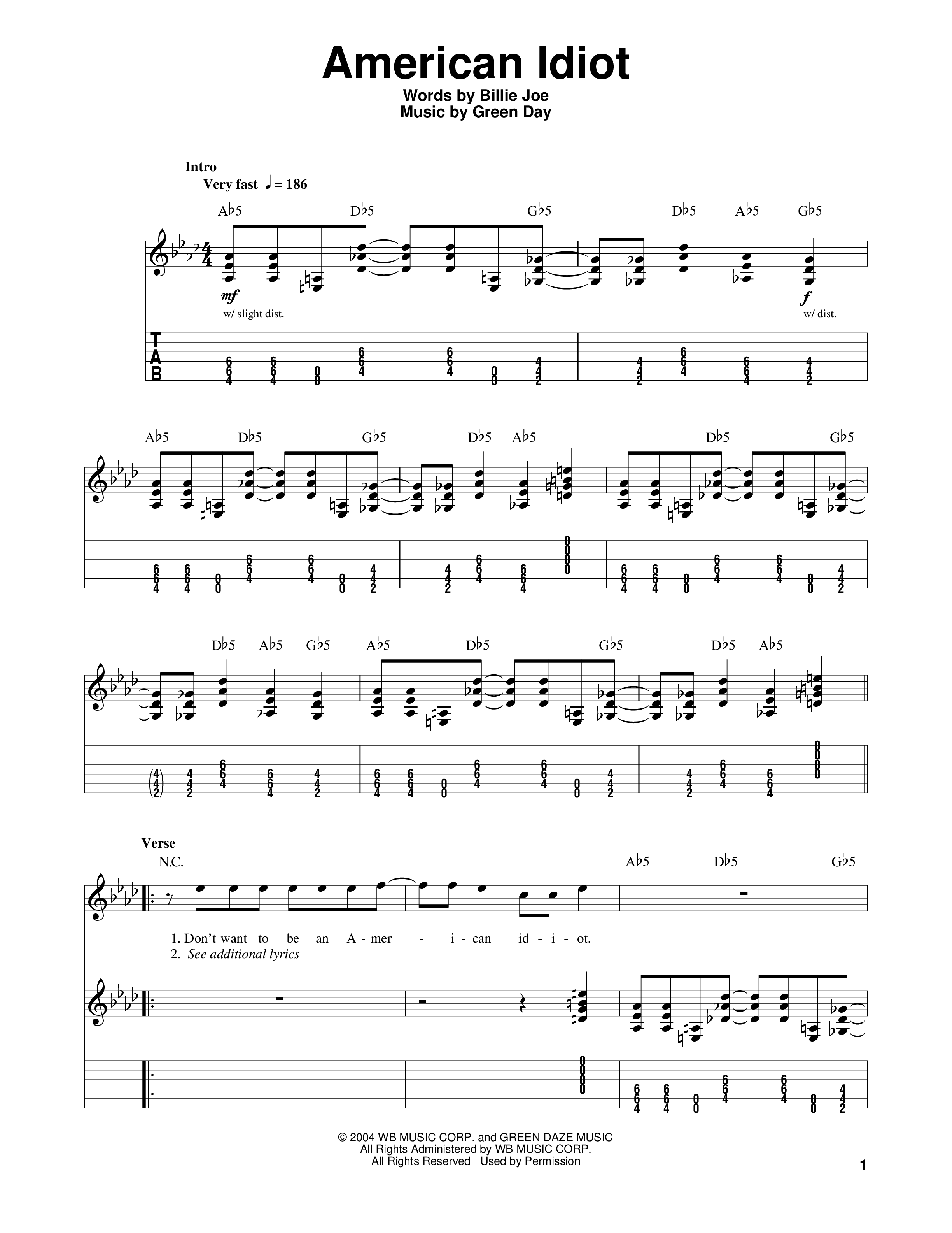 Play Official version of American idiot Sheet Music by Green Day for ...
