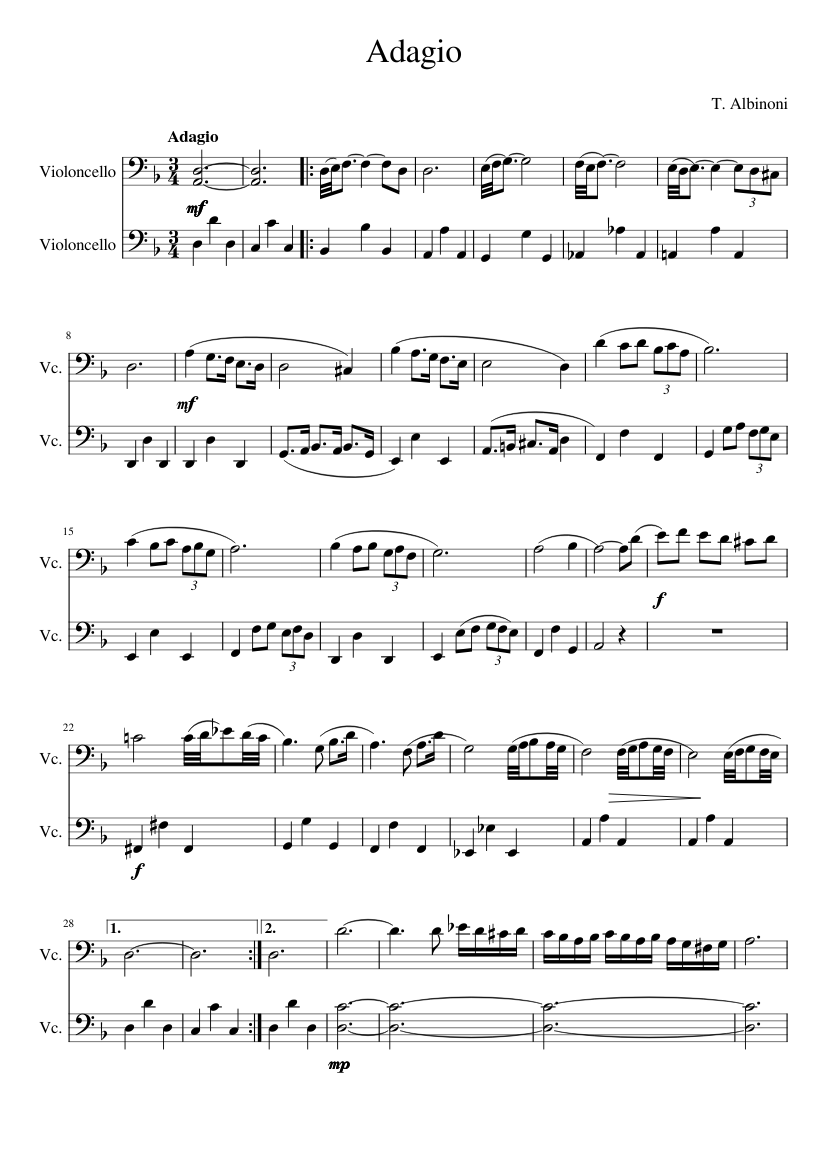 Adagio – Tomaso Albinoni Adagio Sheet Music for Cello (String Duet ...