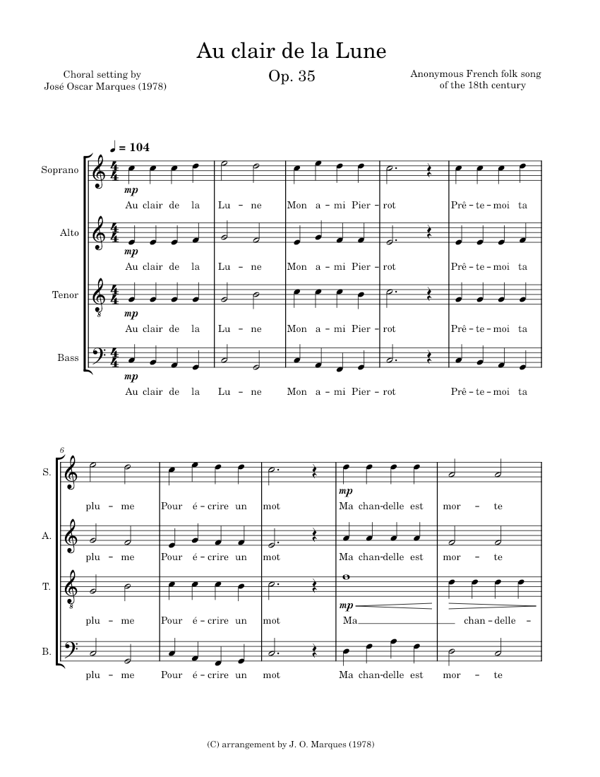 Traditional: Au clair de la lune (Choral arrangement) Sheet music for ...
