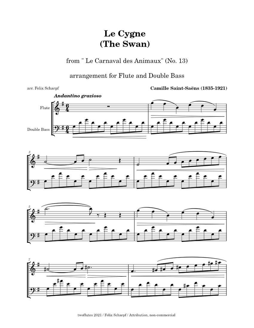 Le Cygne (The Swan)- Le Carnaval des Animaux - Camille Saint-Saëns - arr. for Flute and Double ...