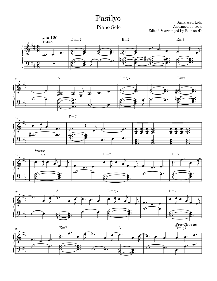 Pasilyo - Sunkissed Lola (Piano Solo) Sheet Music with Chords for Piano ...