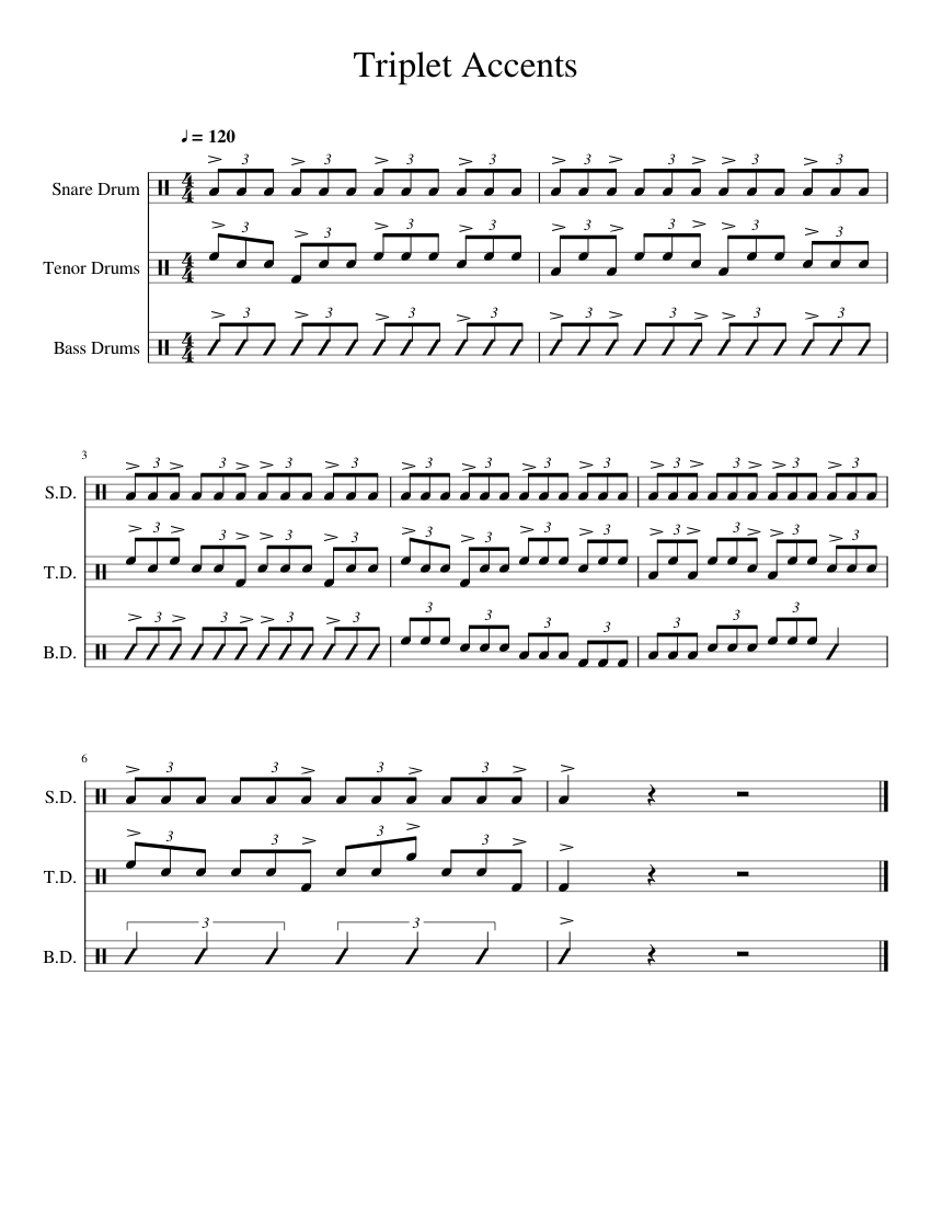 Triplet Accents Sheet music for Snare Drum, Bass Drum, Tenor Drum ...