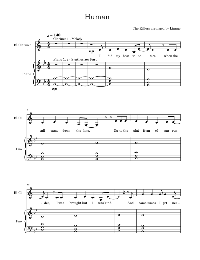 Human – The Killers Sheet music for Piano, Clarinet in b-flat (Mixed ...