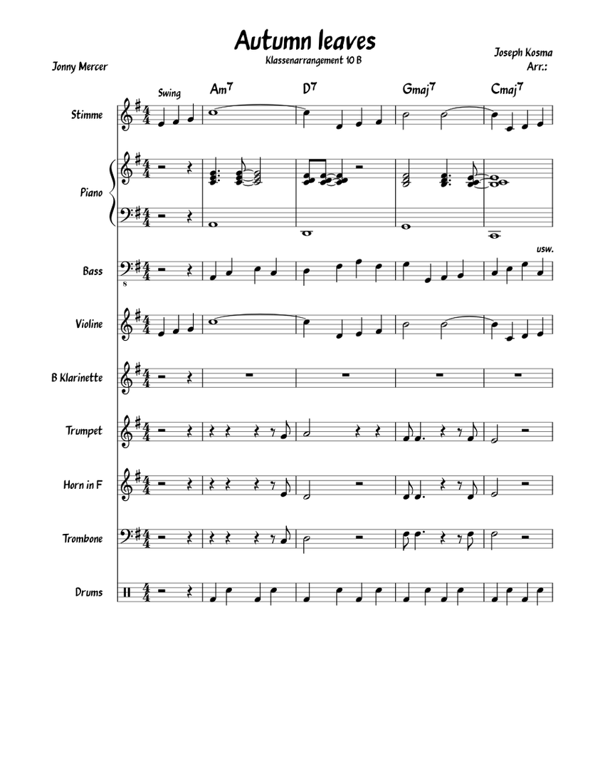 Autumn leaves Sheet music for Piano, Trumpet (In B Flat), Violin ...