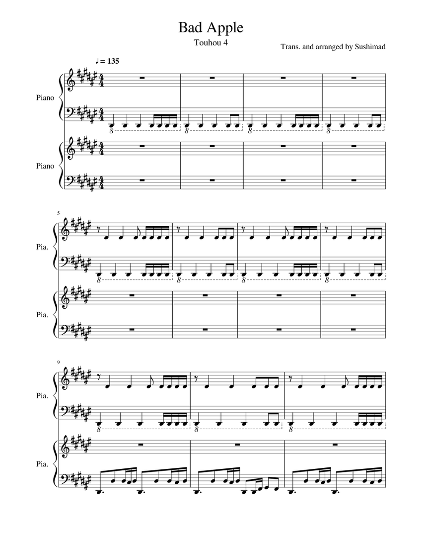Bad Apple (Piano Duet) Sheet music for Piano (Piano Duo) | Musescore.com