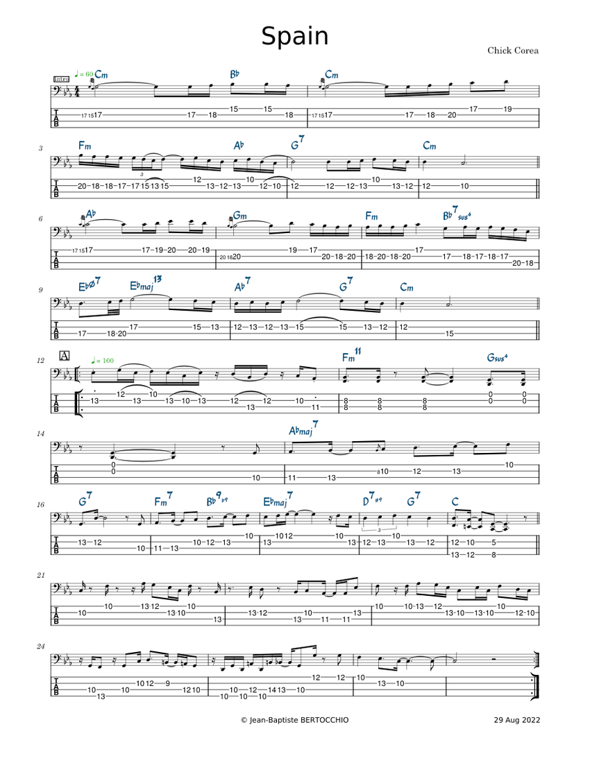 Spain - Chick Correa Basse Sheet music for Bass guitar (Solo ...