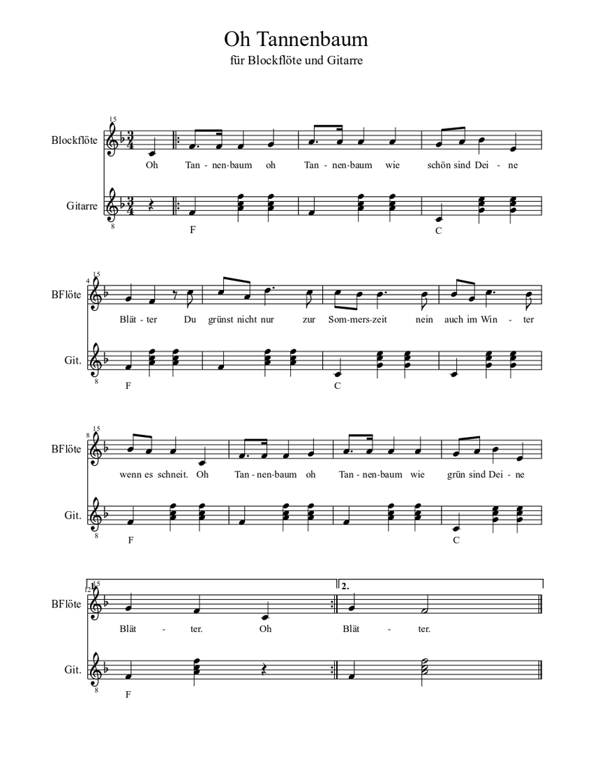 Oh Tannenbaum Sheet music for Guitar, Recorder (Mixed Duet) | Musescore.com