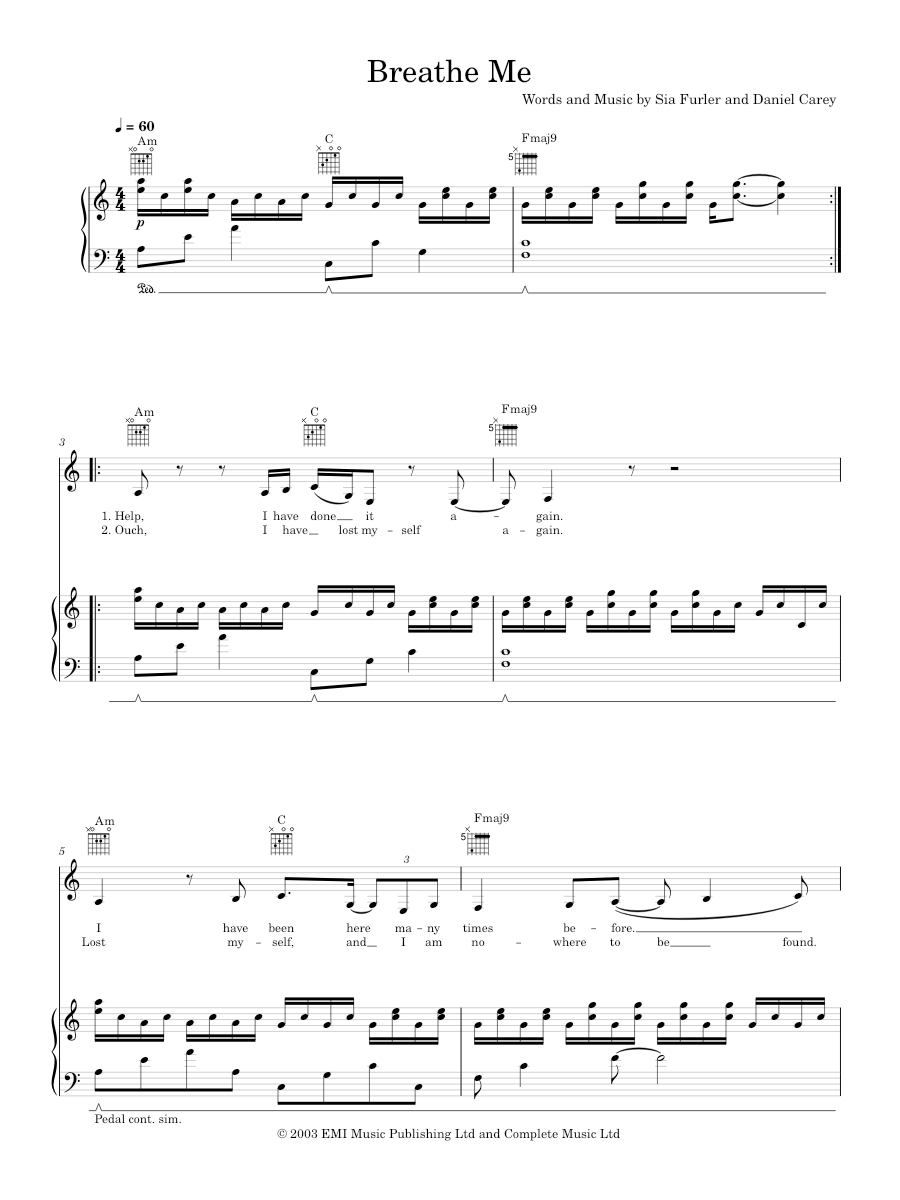 breathe me Sheet music for Piano, Vocals by Sia Official | MuseScore.com