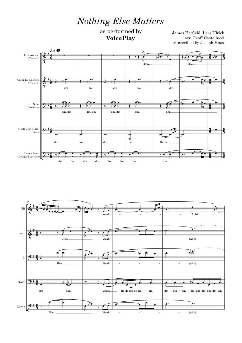 Nothing Else Matters – Metallica A Capella (VoicePlay ver.) Sheet Music ...