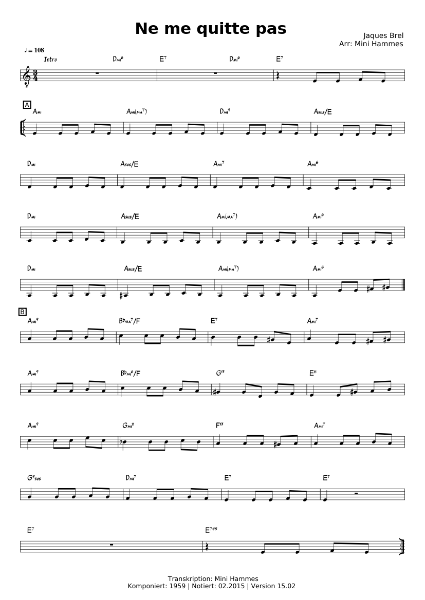 Jaques Brel - Ne me quitte pas Sheet Music with Chords for Vibraphone ...