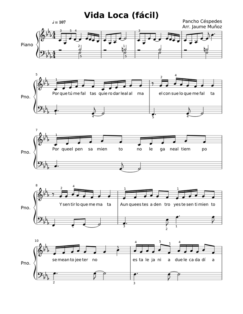 Vida Loca (fácil) Sheet music for Piano (Solo) | Musescore.com