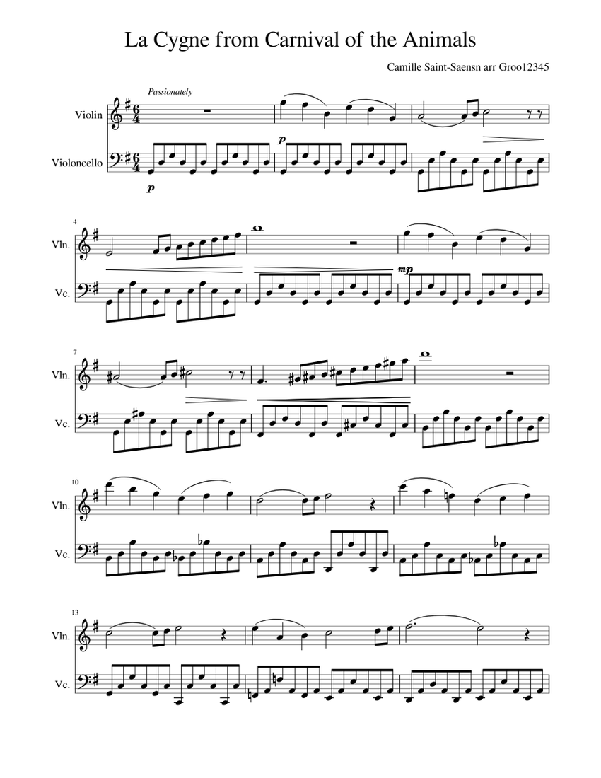 La Cygne (The Swan) from Carnival of the Animals Sheet music for Violin, Cello (String Duet ...