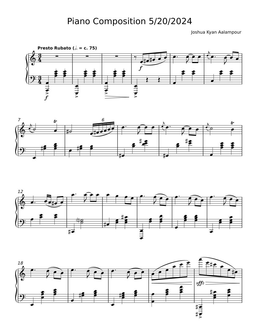 Joshua Kyan Aalampour - Piano Composition 5/20/2024 Sheet Music for Piano (Solo) Easy ...