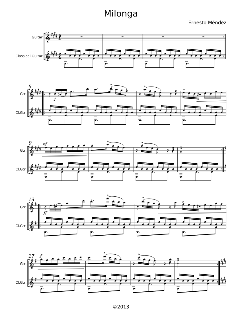Milonga - Ernesto Méndez Sheet Music for Guitar (Mixed Duet) | MuseScore.com